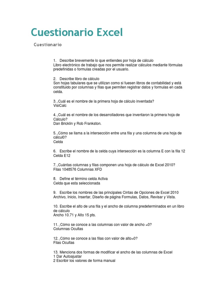 Cuestionario Excel Basico | PDF | Hoja de cálculo | Microsoft Excel