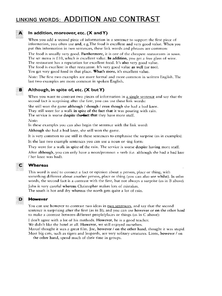 Addition Contrast: Linking Words | PDF