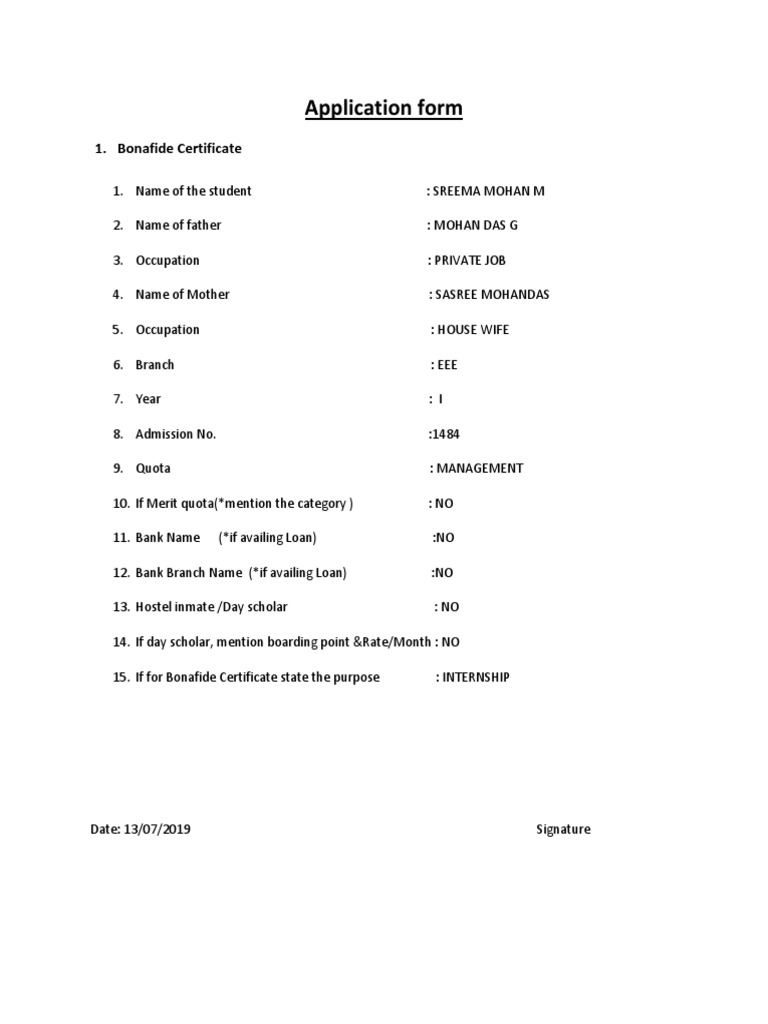 Application Form: 1. Bonafide Certificate | PDF