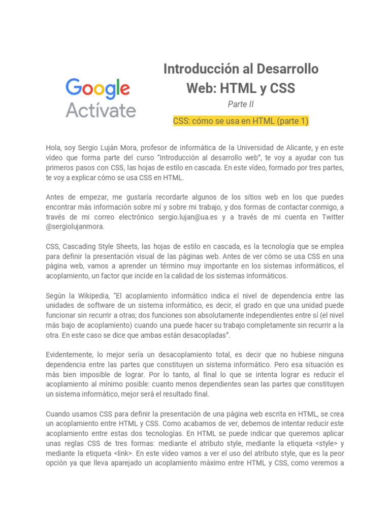 Parte II - 1.4 CSS - Cómo Se Usa en HTML (Parte 1) | PDF | HTML | Hojas de estilo en cascada