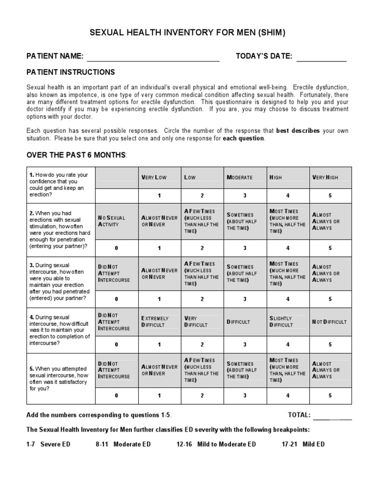 Sexual Health Inventory For Men (Shim) : Patient Name: Today'S Date ...