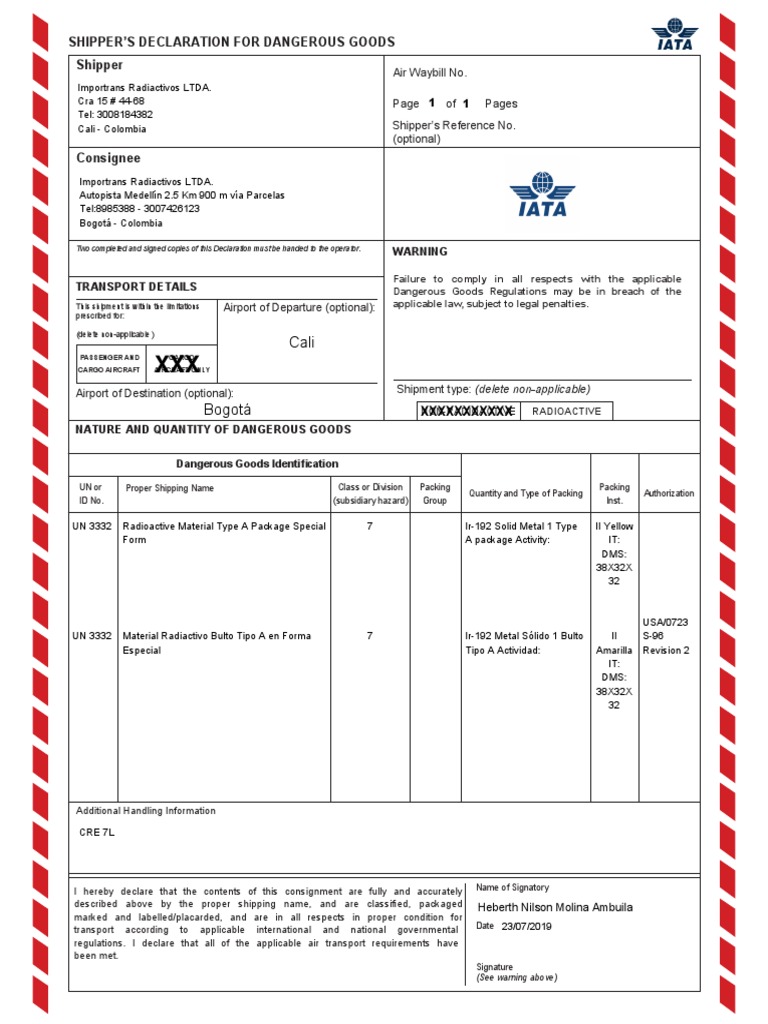 Shippers Declaration Column Format Fillable | PDF | Dangerous Goods ...