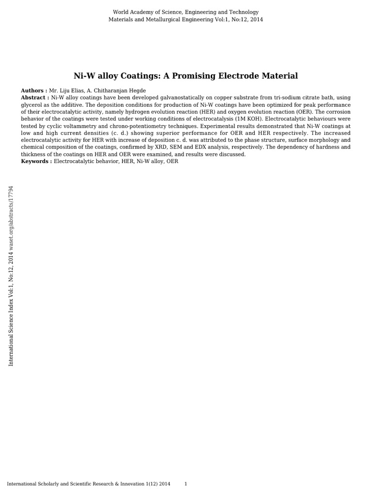 Ni-W Alloy Coatings: A Promising Electrode Material | PDF | Chemistry ...