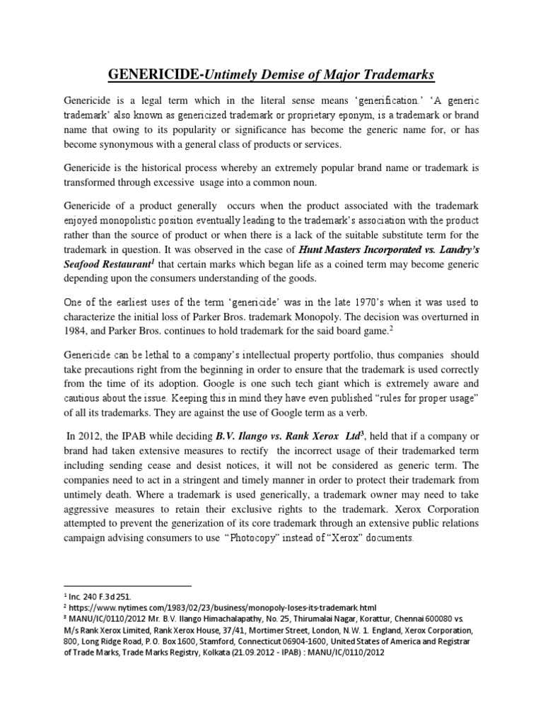 GENERICIDE | PDF | Trademark Distinctiveness | Trademark