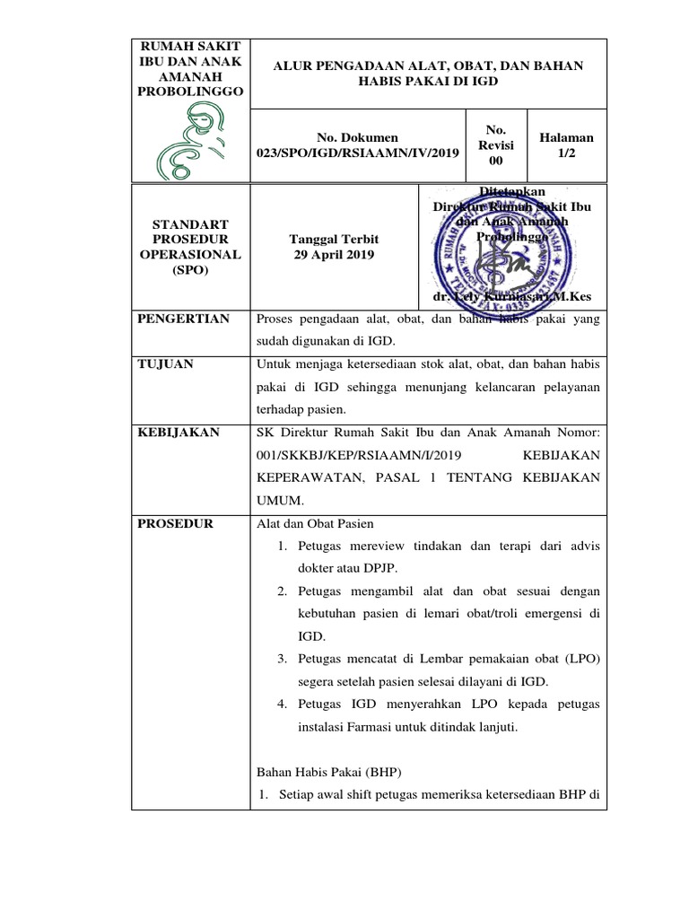 Spo Alur Pengadaan Alat, Obat-Obatan, Dan BHP Di Igd | PDF
