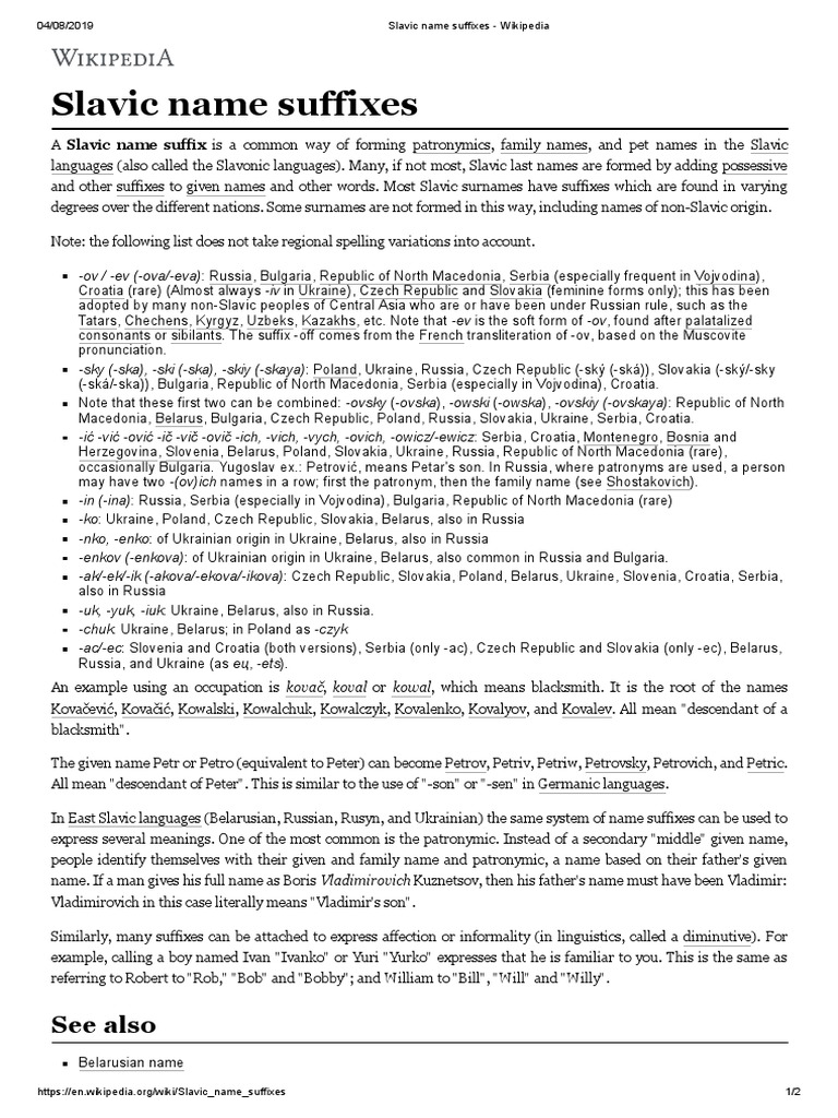 Slavic Name Suffixes: See Also | PDF | Slavs | Languages Of Europe