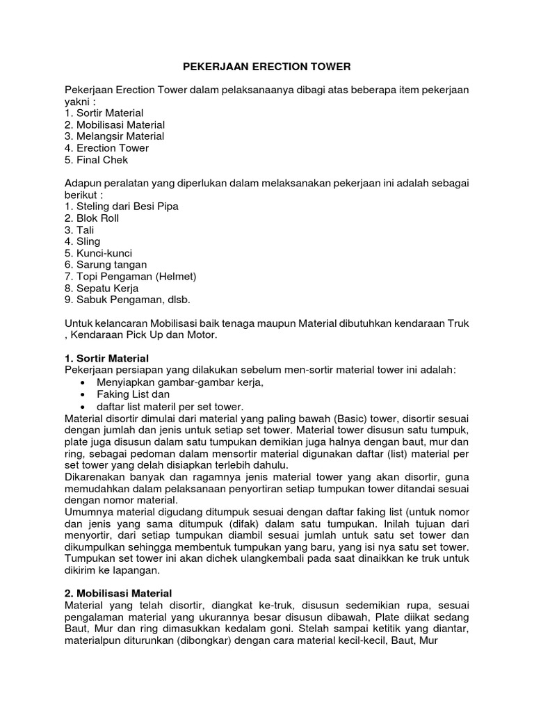 Metode Pekerjaan Erection Tower | PDF