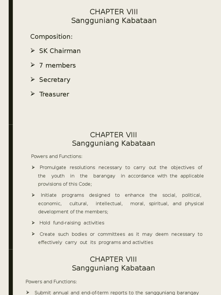 Sangguniang Kabataan: Composition: SK Chairman 7 Members Secretary ...