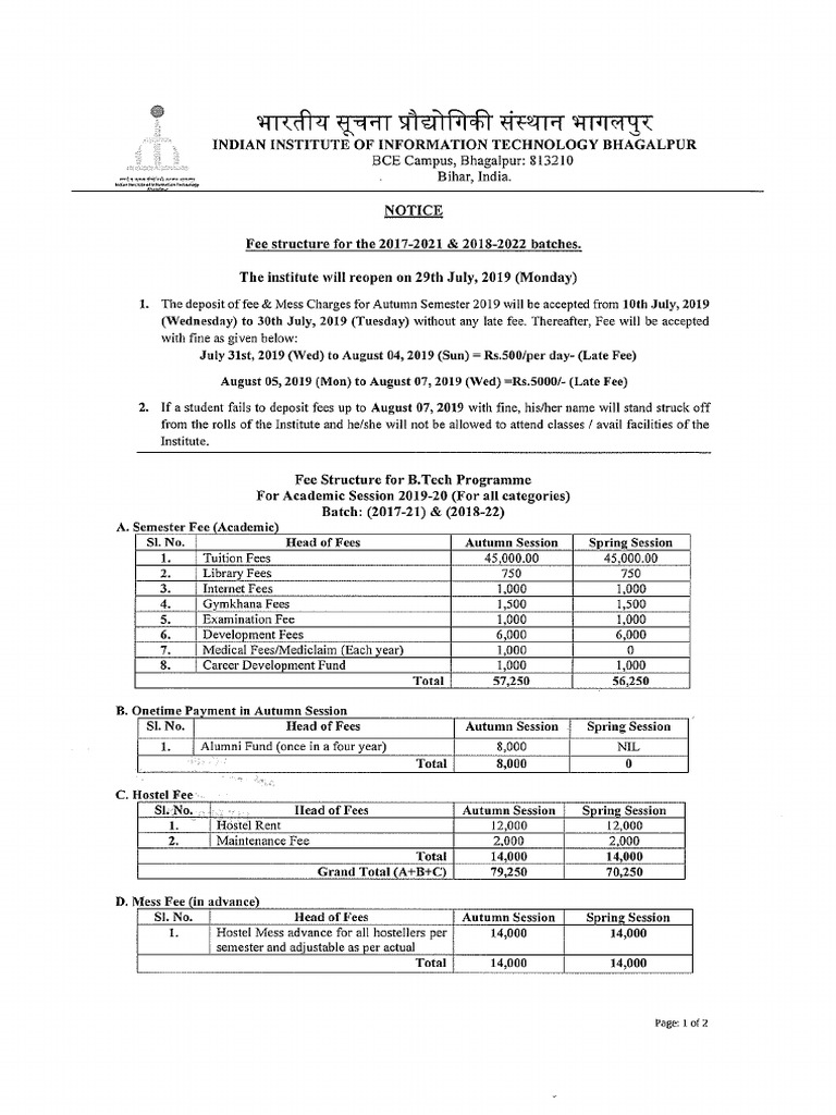 IIIT Bhagalpur Fee Structure | PDF