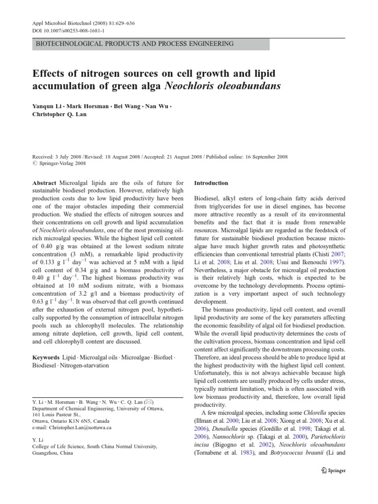 Effects of Nitrogen Sources on Growth and Lipid Accumulation in Microalga | PDF | Nitrate | Urea