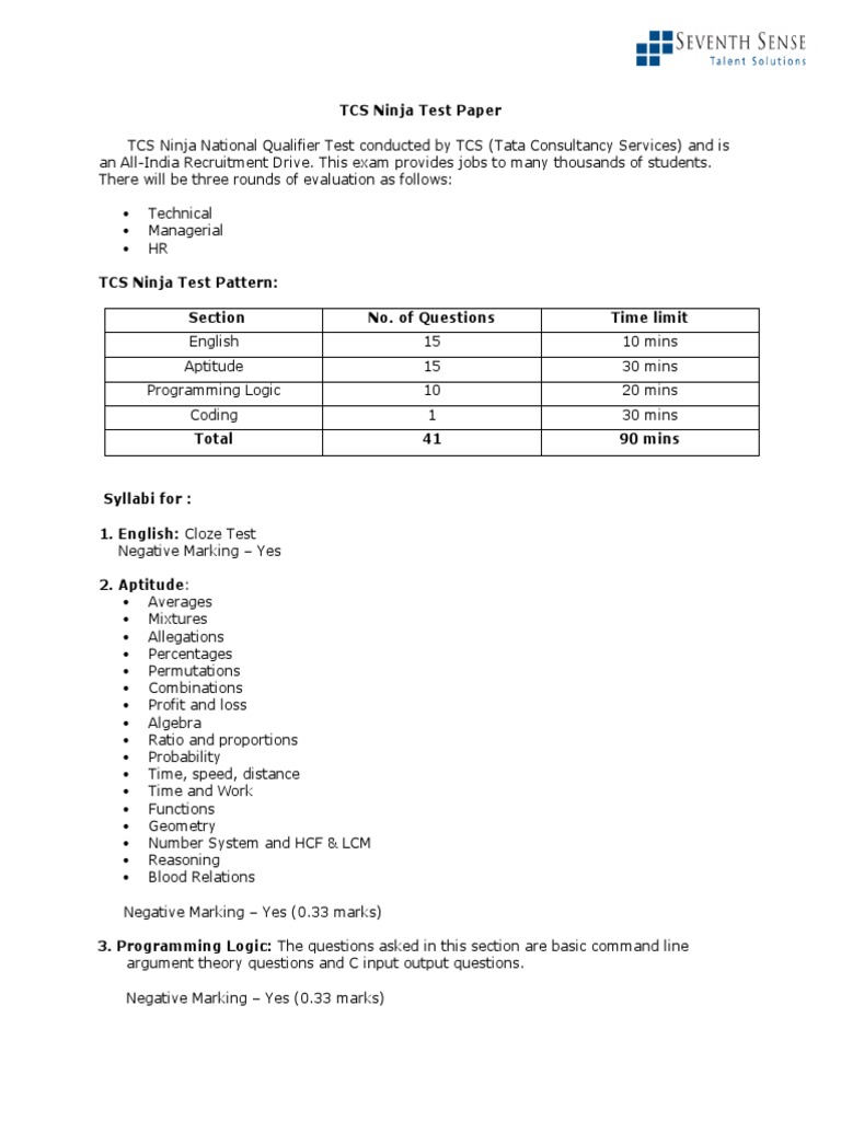 TCS Ninja Test Paper Overview | PDF | Array Data Structure | Integer ...