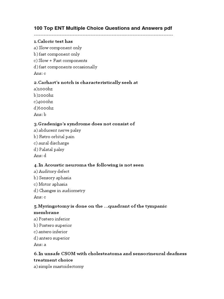 Ent MCQS | PDF | Ear | Auditory System