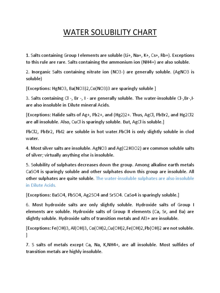 Water Solubility Chart | PDF | Hydroxide | Salt (Chemistry)