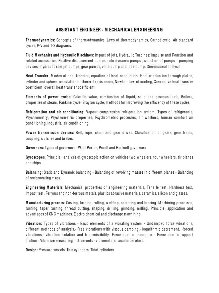 Assistant Engineer Mechanical Syllabus | PDF | Pump | Heat Transfer