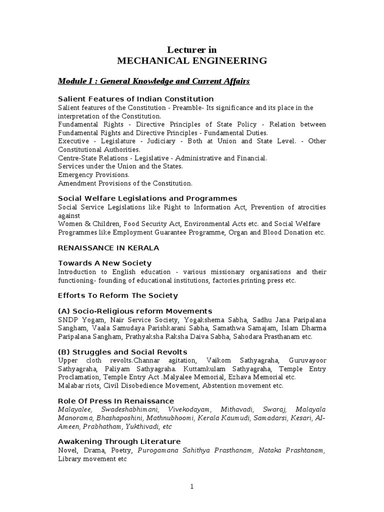 Lecturer in Mechanical Engineering: Module I: General Knowledge and ...