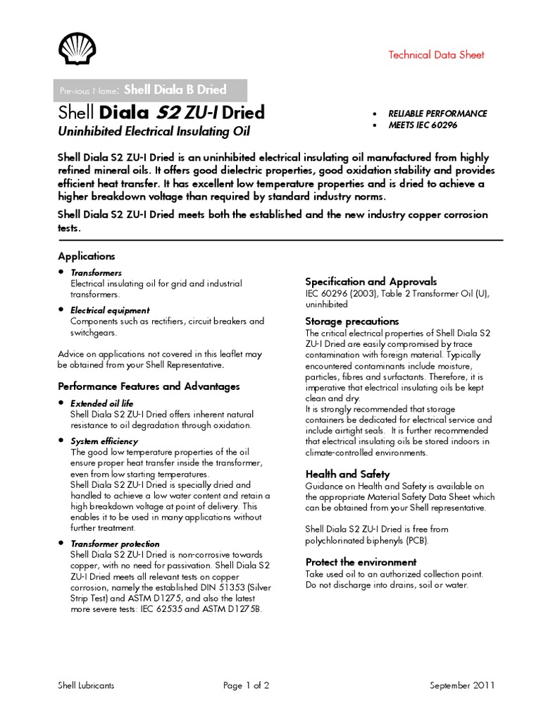 Shell Diala S2 ZU-I Transformer Oil Specs | PDF | Insulator ...