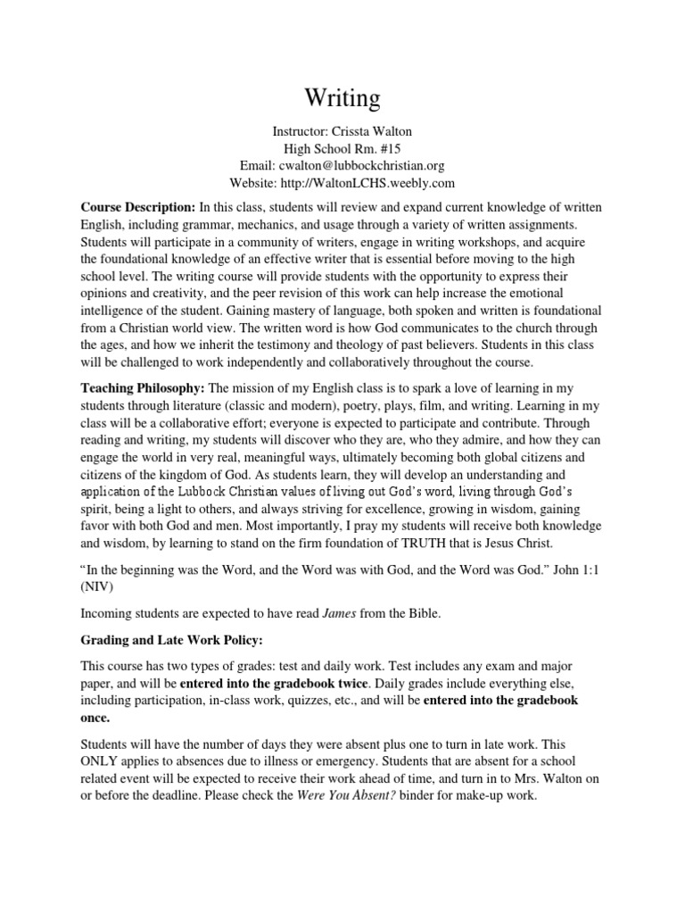 Writing: Course Description: in This Class, Students Will Review and ...