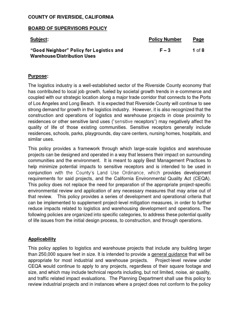 Riverside County "Good Neighbor" Policy For Logistics | PDF | Truck ...
