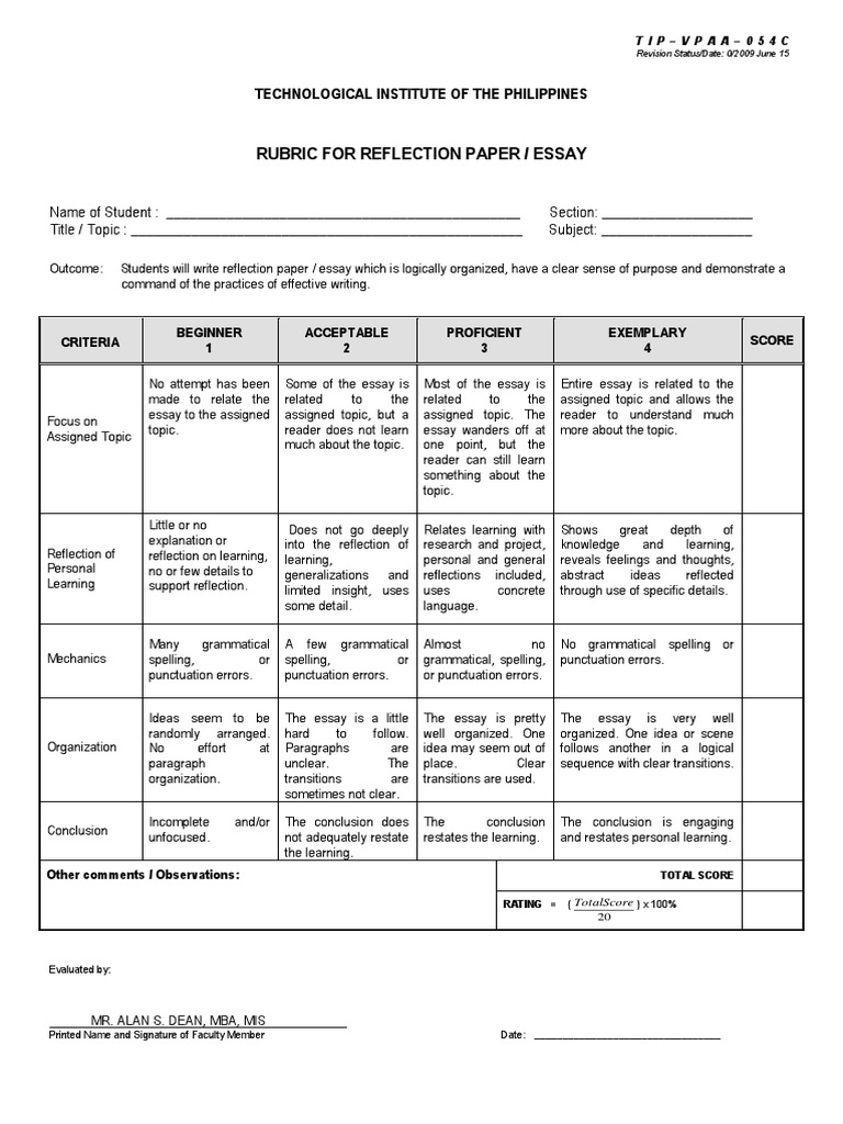 Rubric For Reflection Paper Essay | PDF | Essays | Rubric (Academic)