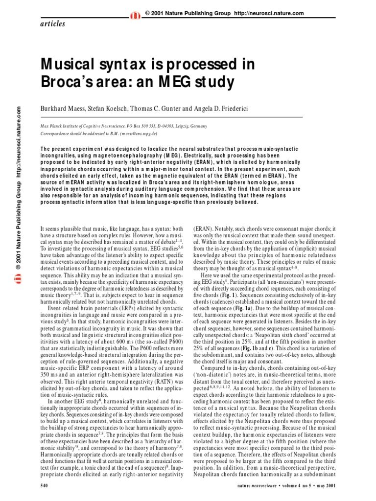 Musical Syntax Is Processed in Broca's Area: An MEG Study: Articles ...