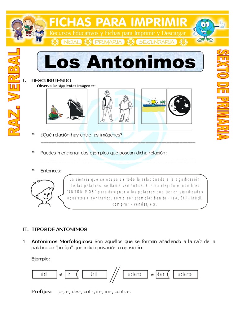 Fichas De Palabras Opuestas