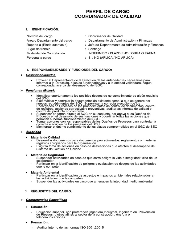 Perfil de Cargo Coordinador de Calidad | PDF | Calidad (comercial) | Información