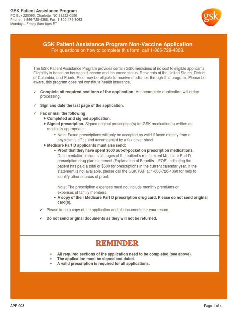 GSK Patient Assistance Program Non-Vaccine Application: For Questions ...
