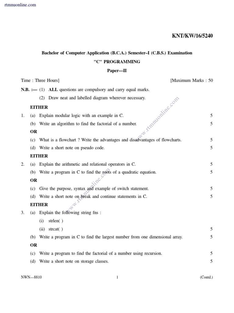 Bca 1 Sem C Programming Winter 2016 Pdf C Programming Language Pointer Computer