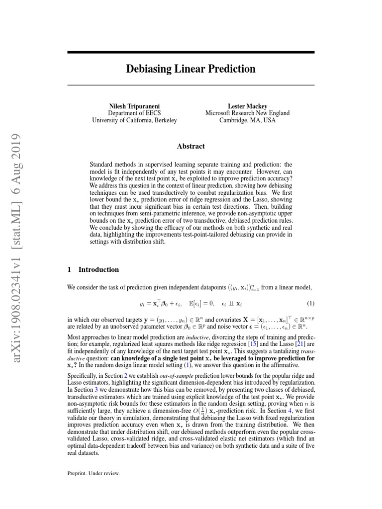 Debiasing Linear Prediction Pdf Estimator Regression Analysis