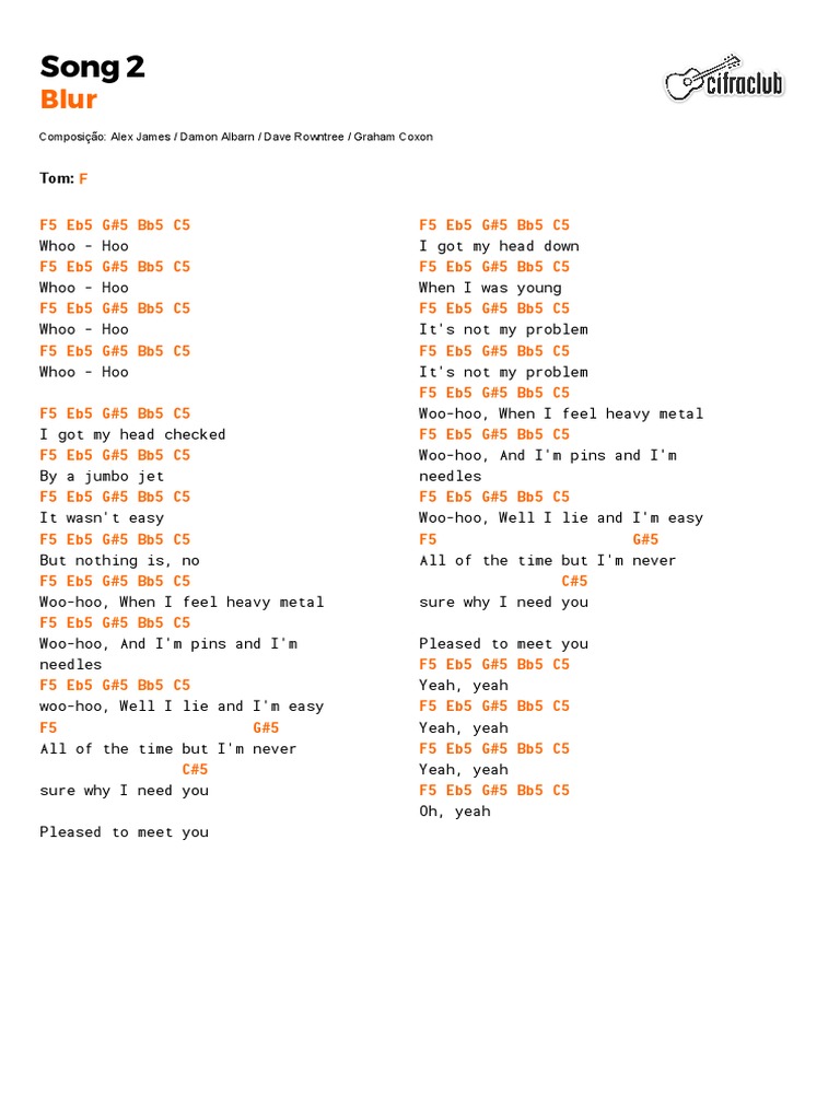 Song 2: Composição: Alex James / Damon Albarn / Dave Rowntree / Graham ...