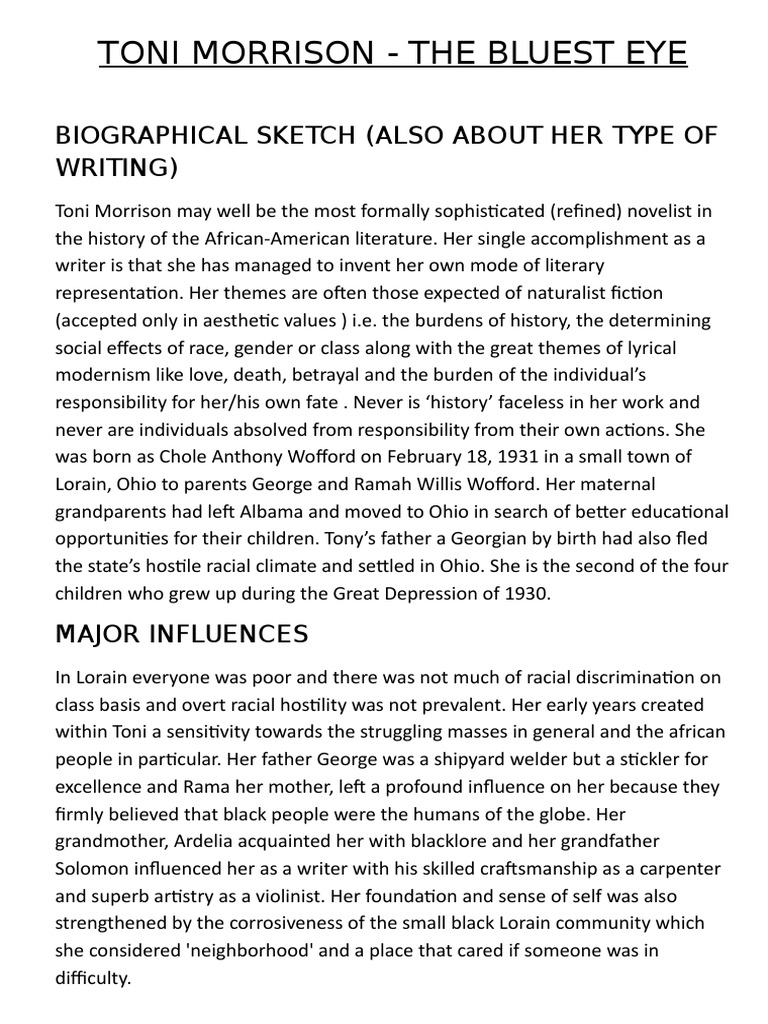 Toni Morrison's The Bluest Eye Overview | PDF | Slavery | Africa