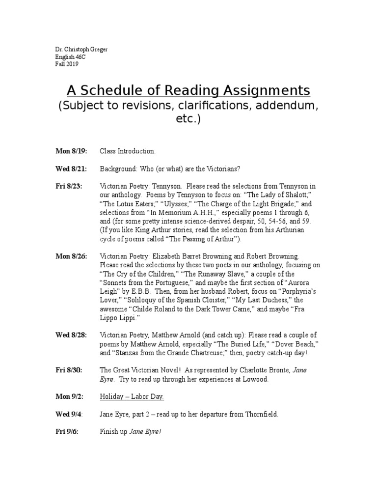 Reading Schedule f19 | PDF | T. S. Eliot | English Language Literature