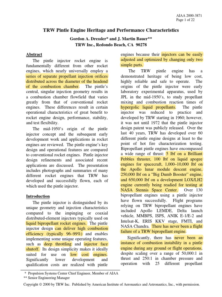 TRW Pintle Engine | PDF | Liquid Propellant Rocket | Rocket Engine