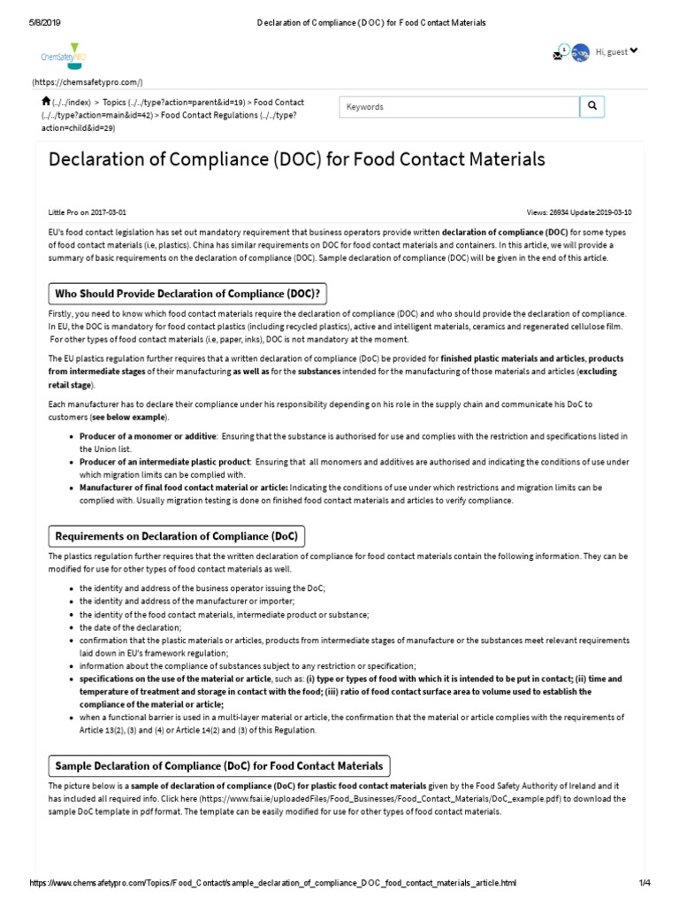 SAMPLE of Declaration of Compliance (DOC) for Food Contact Materials ...