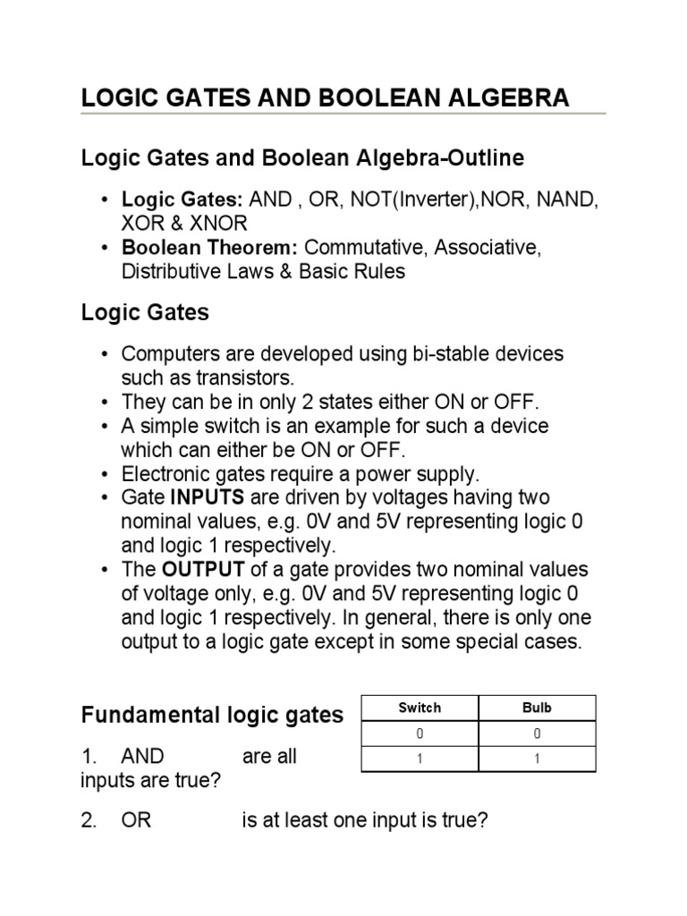 Logic Gates and Boolean Algebra-Outline | PDF | Logic Gate | Teaching ...