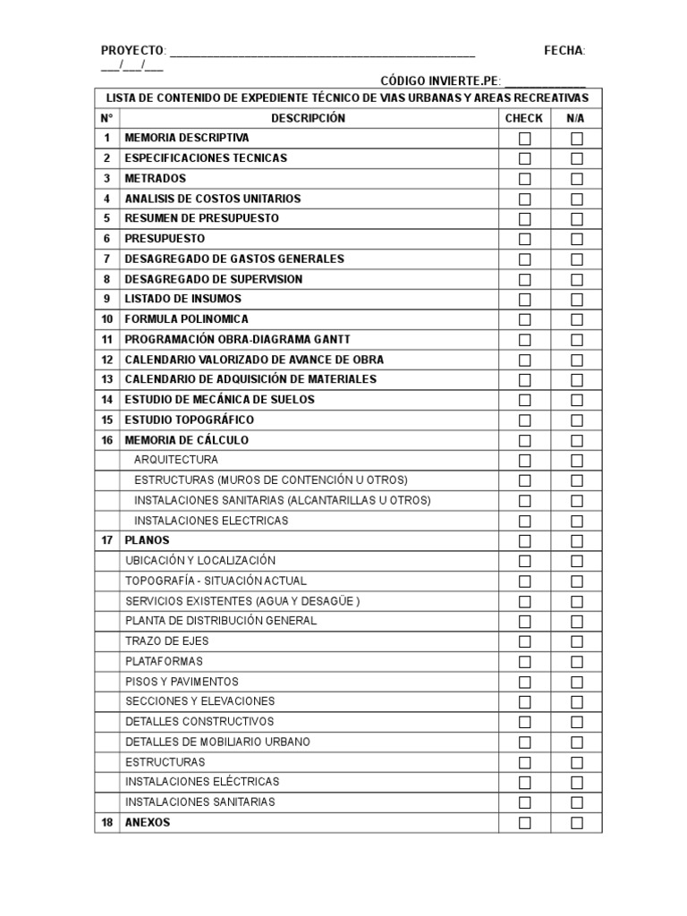 Check List de Contenido de Expediente Técnico | PDF