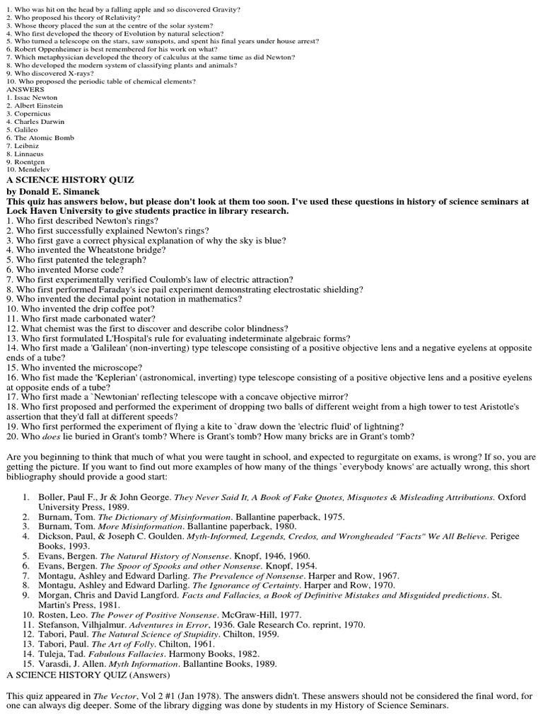 Science History Quiz | PDF | Lens (Optics) | Light