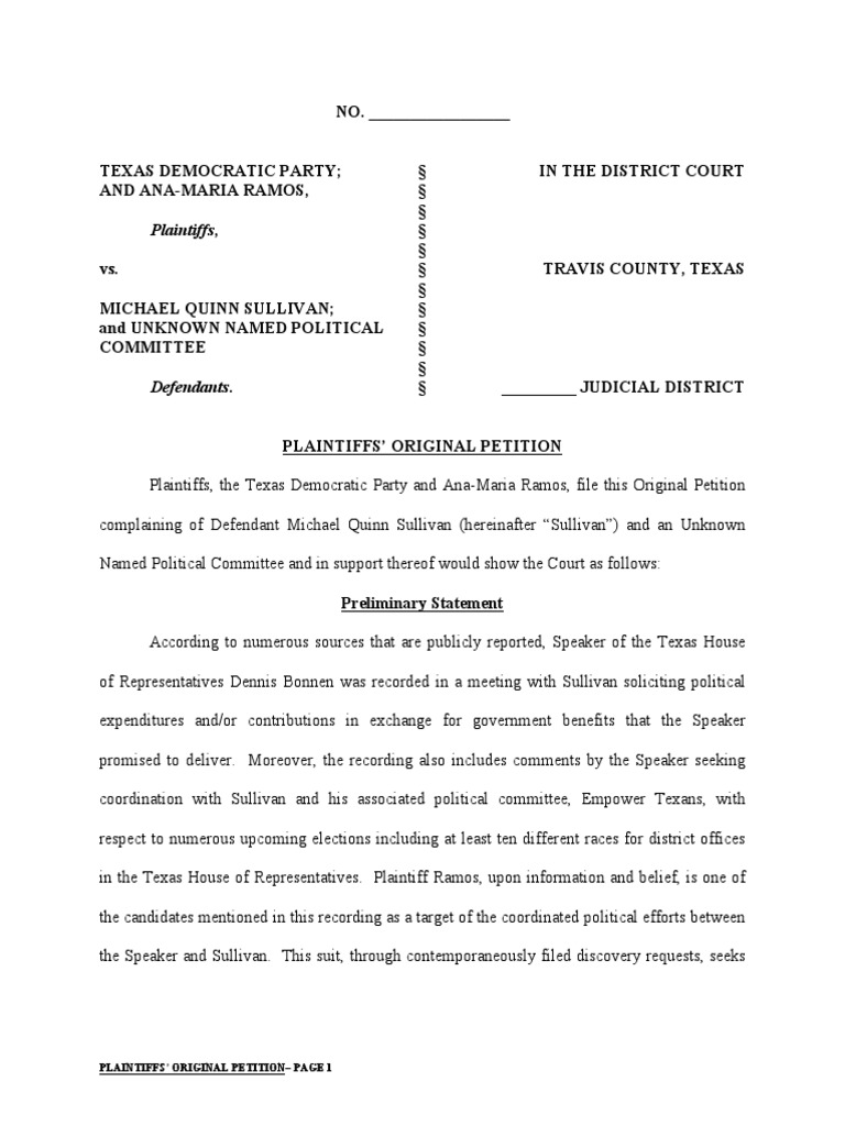 Plaintiffs: Plaintiffs' Original Petition - Page 1 | PDF | Discovery (Law) | Lawsuit