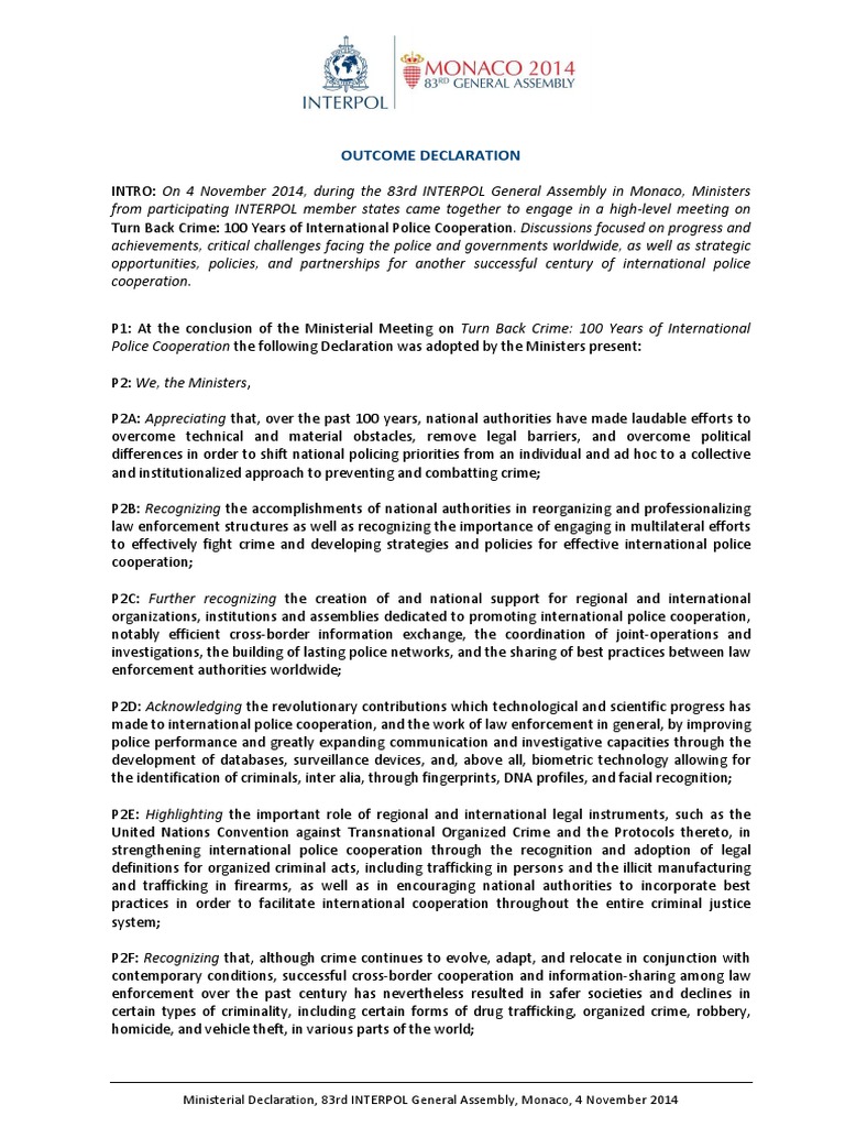 Outcome Declaration: Ministerial Declaration, 83rd INTERPOL General ...