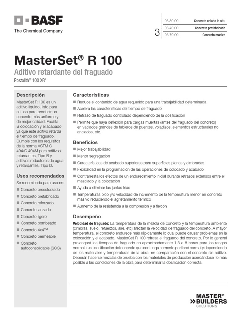 Basf Masterset R 100 Tds | PDF | Hormigón | Materiales