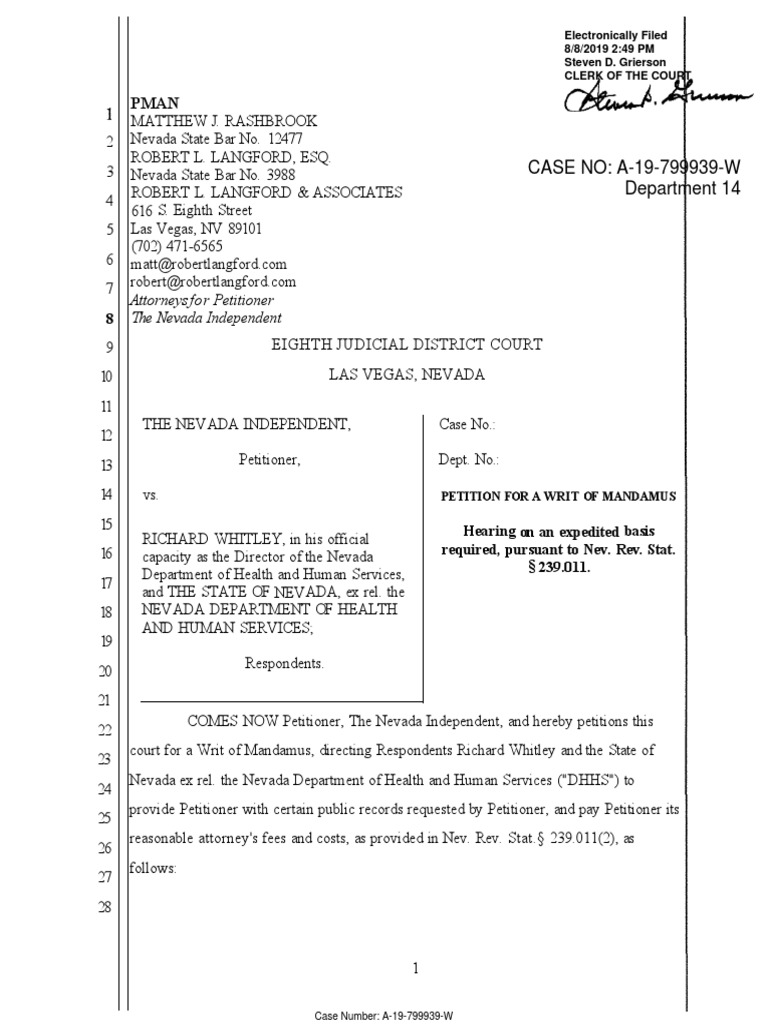 NEVADA INDEPENDENT - 2019.08.08 - Petition Writ Mandamus Filed | PDF ...