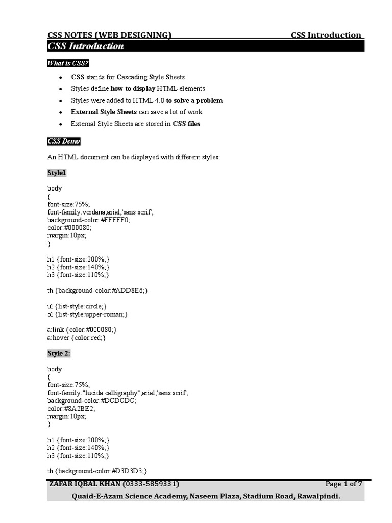 Css Notes Web Designing Css Introduction Pdf Cascading Style Sheets Html Element