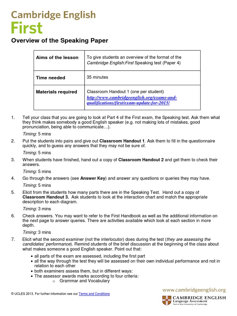 Cambridge English First Fce From 2015 Speaking Overview | PDF ...