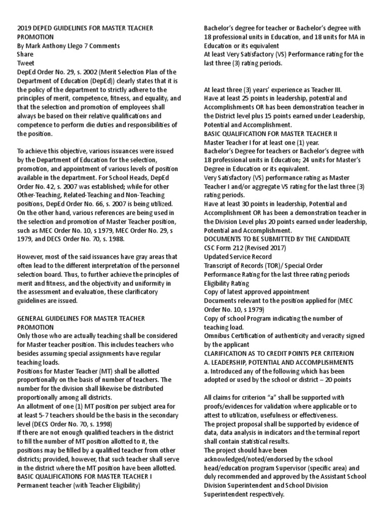 2019 Deped Guidelines For Master Teacher Promotion | PDF | Academic ...