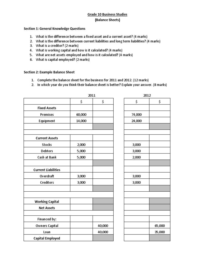 Balance Sheet Activity | PDF | Balance Sheet | Working Capital