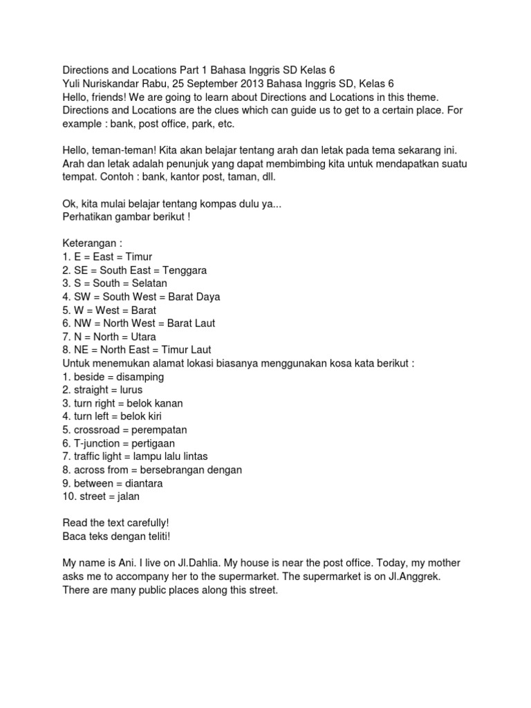 Directions and Locations Part 1 Bahasa Inggris SD Kelas 6 | PDF