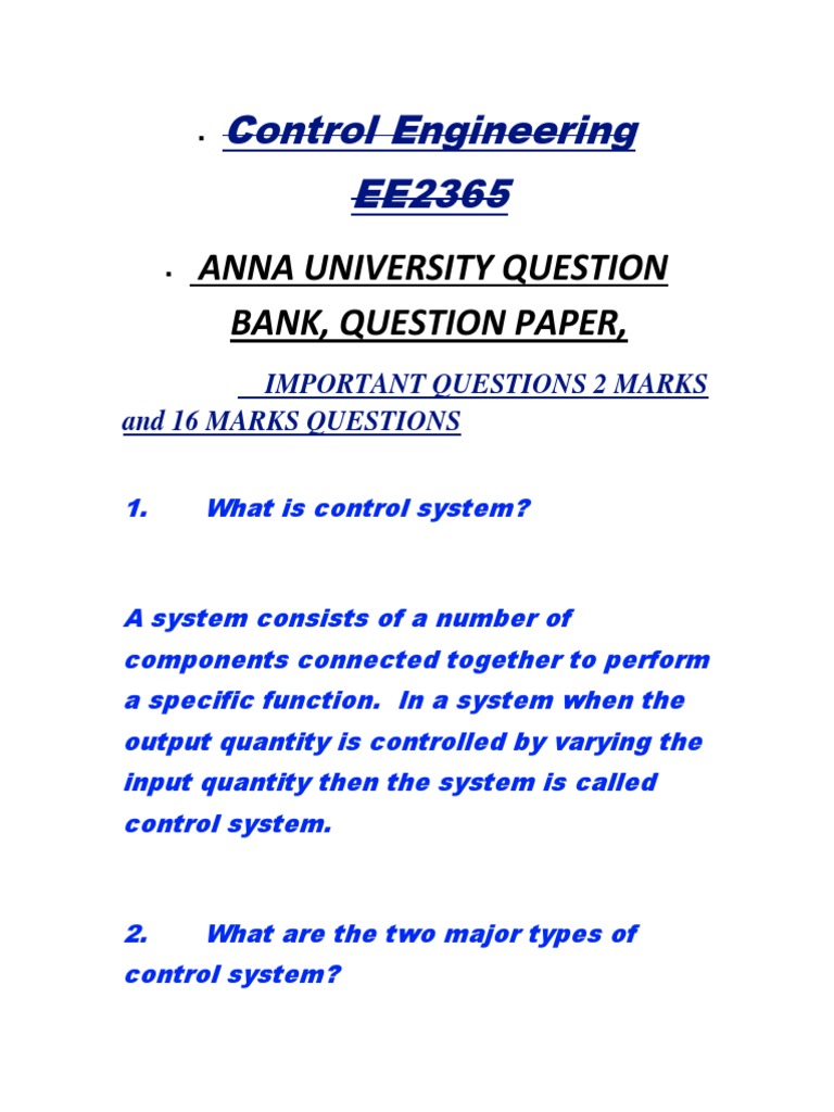 Control System Engineering 2 Marks | PDF | Control Theory | Control System