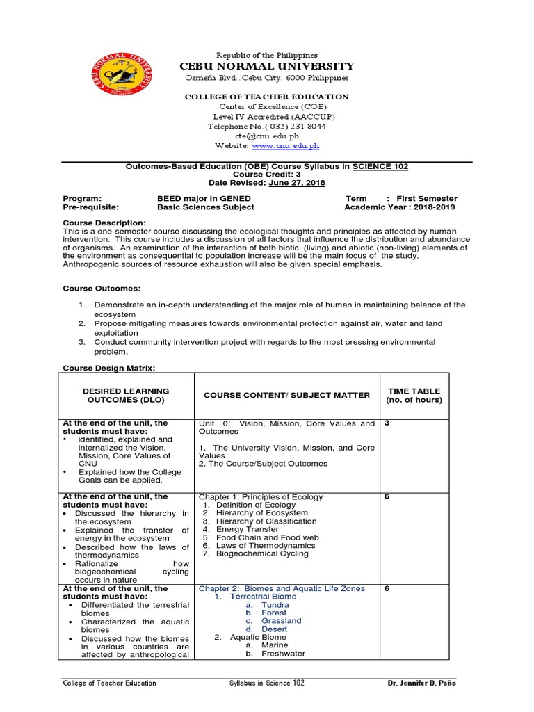 SC 102 Course Outline 1st Sem 2018 | PDF | Ecology | Ecosystem