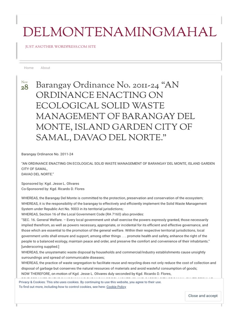 Barangay Ordinance No. 2011-24 "An Ordinance Enacting On Ecological ...