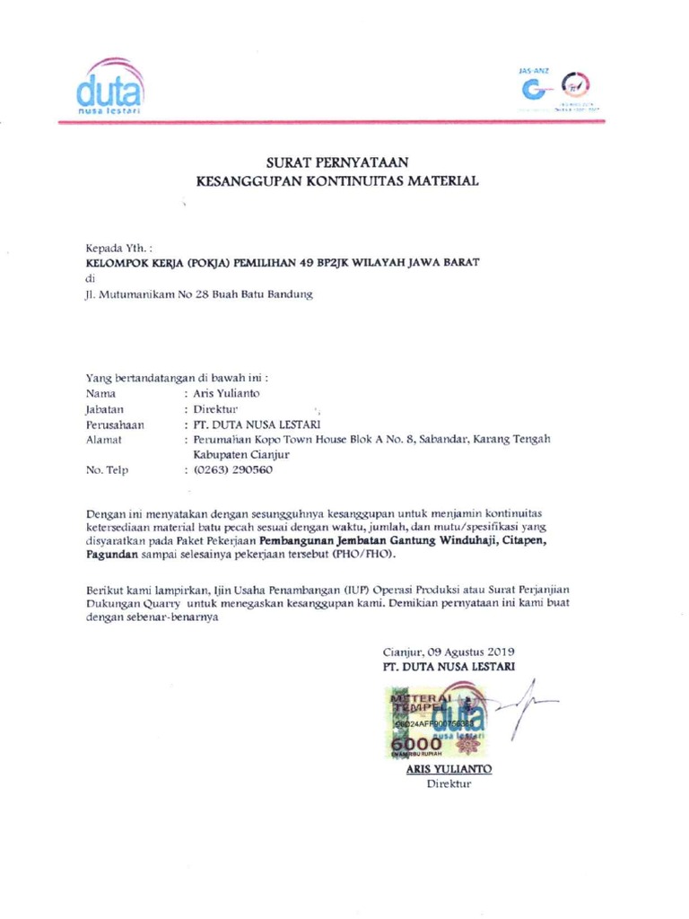 Surat Pernyataan Kontinuitas Material 1122233 | PDF